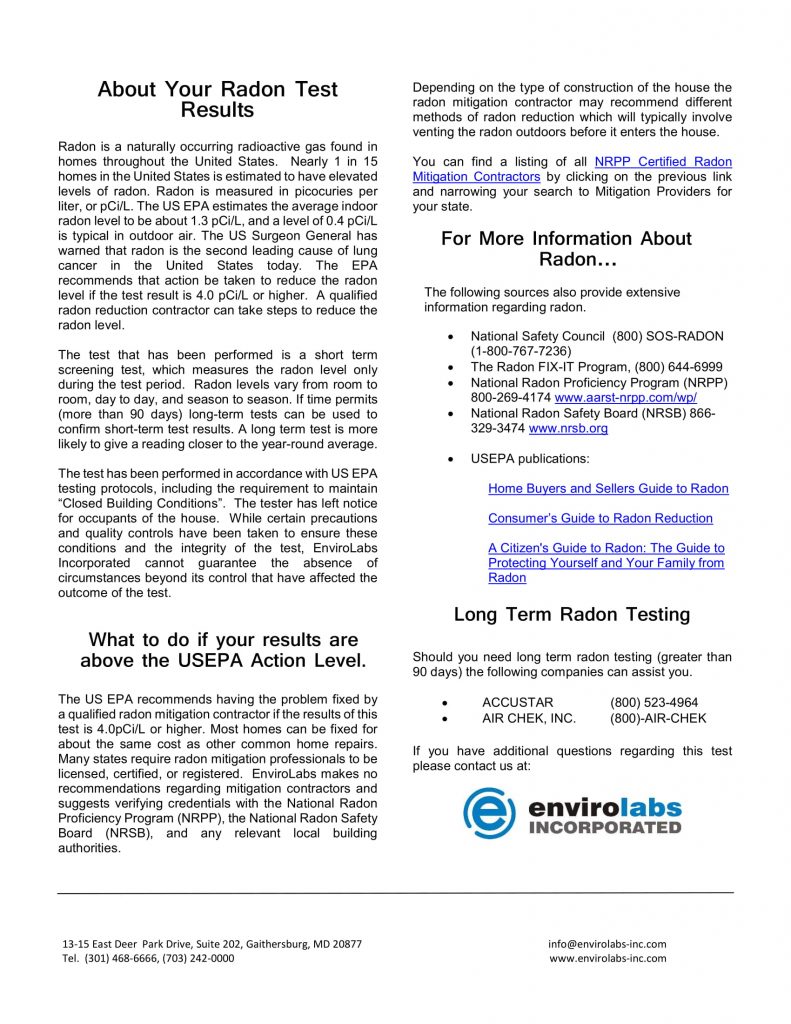 Standard Radon Test - Envirolabs Incorporated